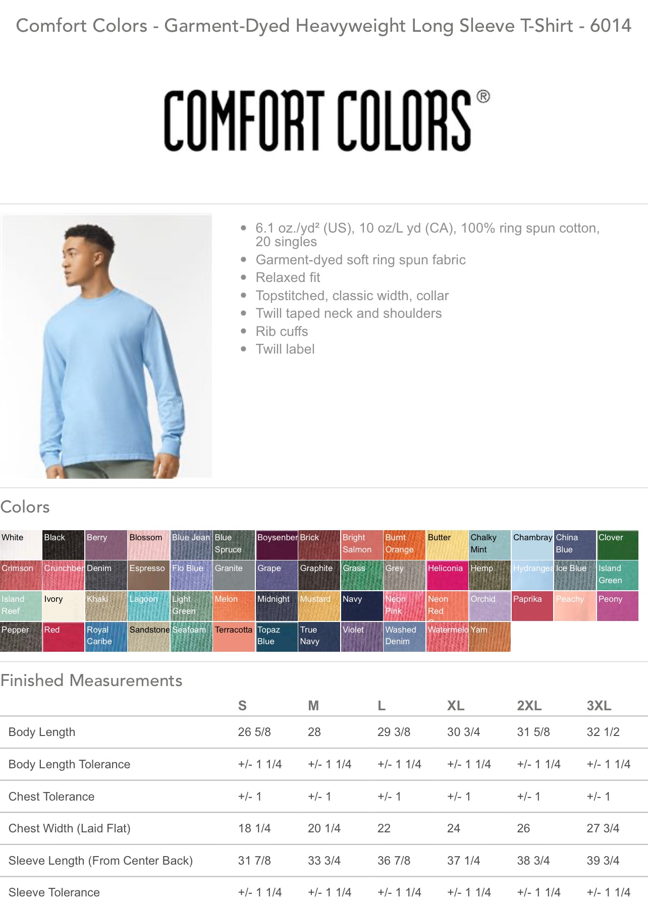 Size and Color Charts - Adult Comfort Colors – Johnnie Sue's