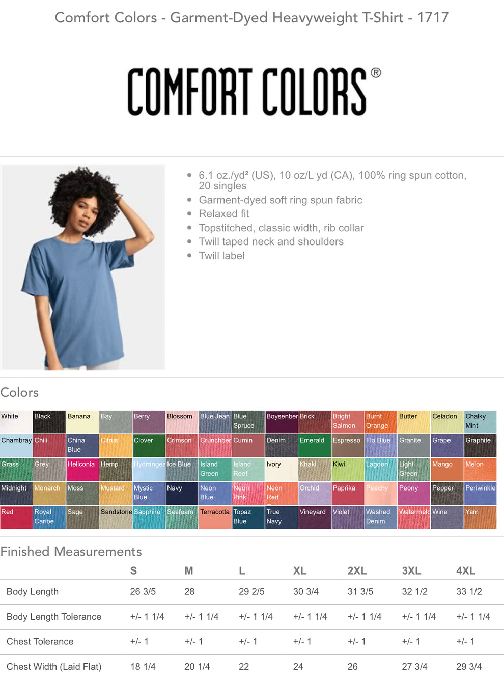 Size and Color Charts - Adult Comfort Colors – Johnnie Sue's