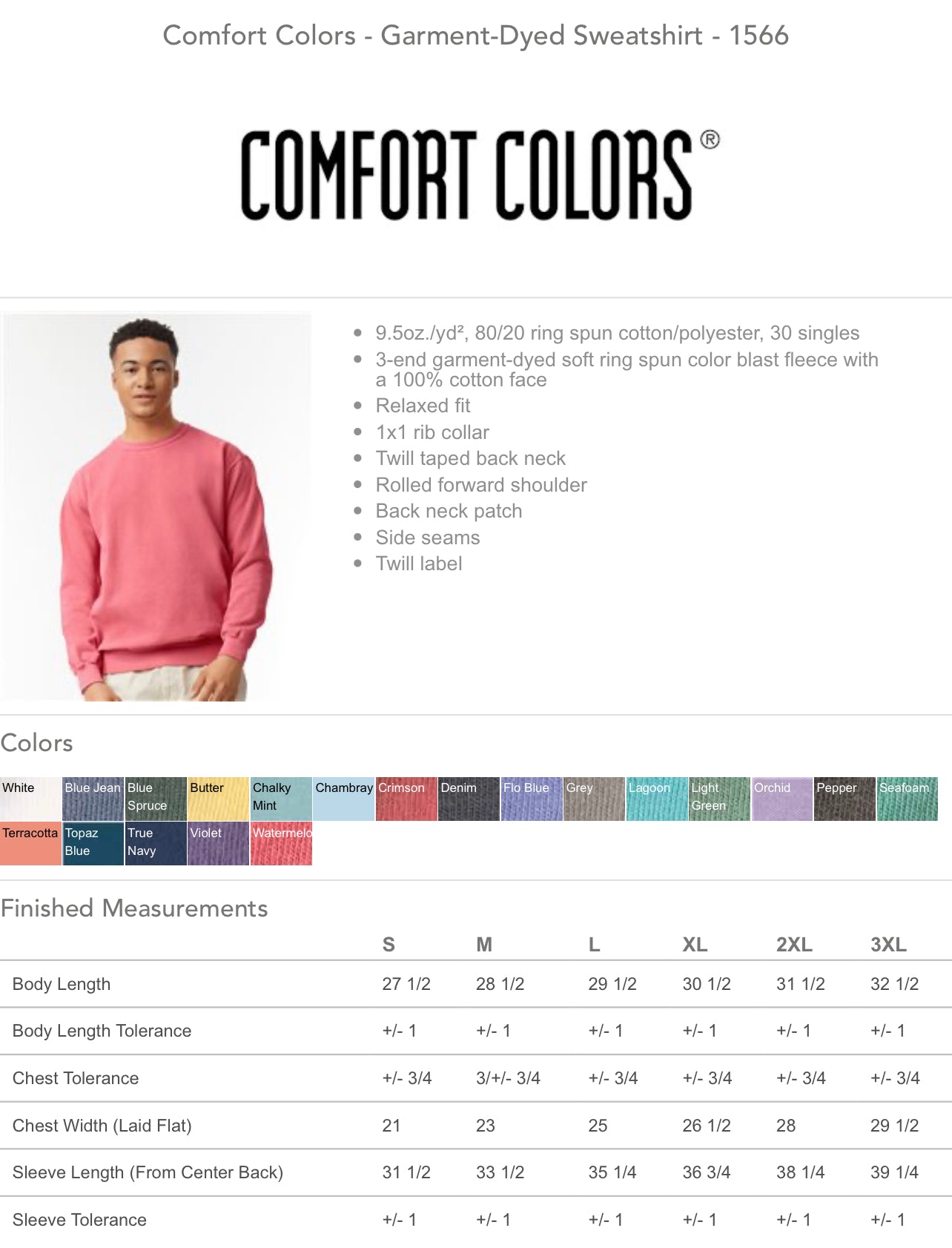 Size and Color Charts - Adult Comfort Colors – Johnnie Sue's