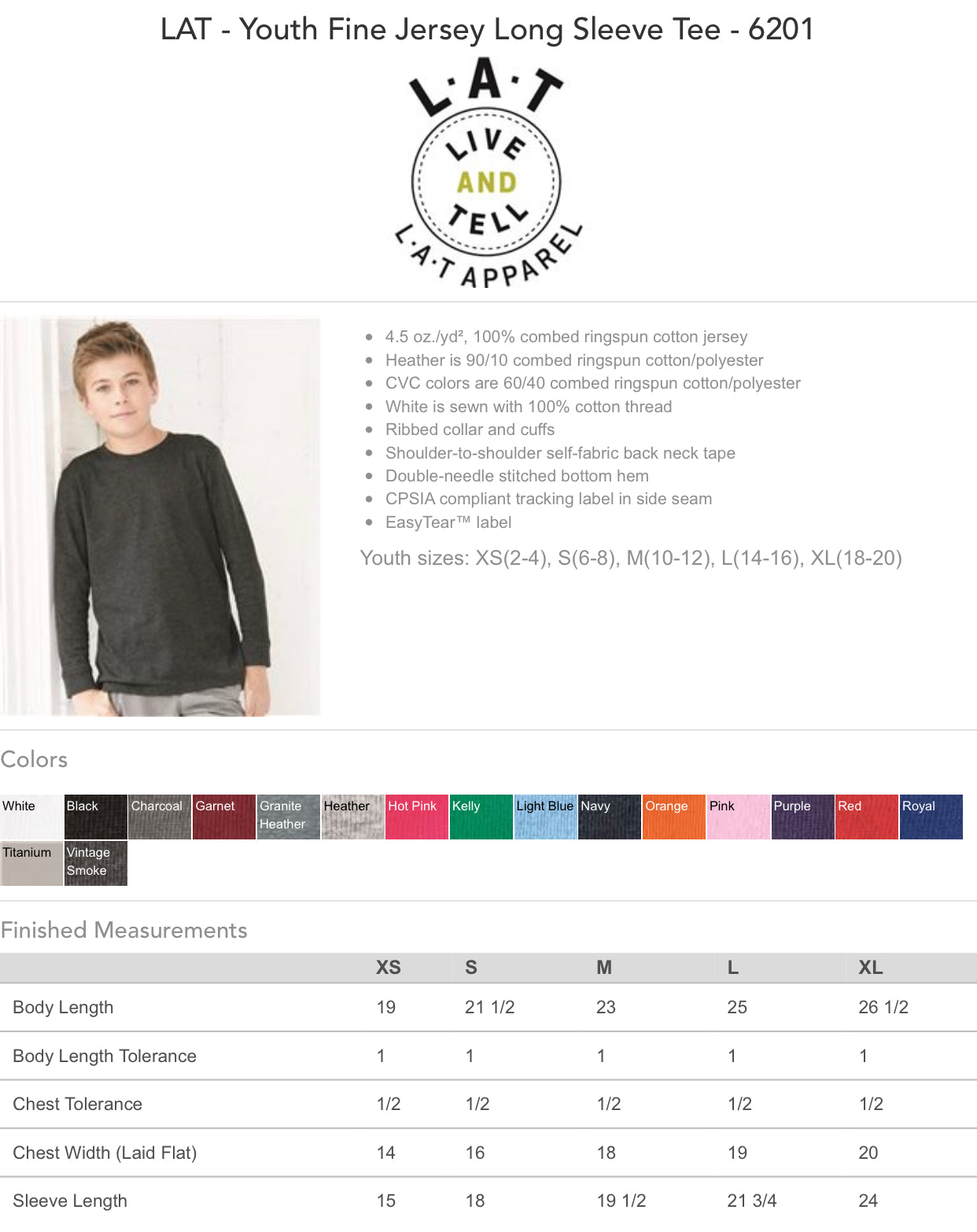 Size and Color Charts - Youth LAT – Johnnie Sue's