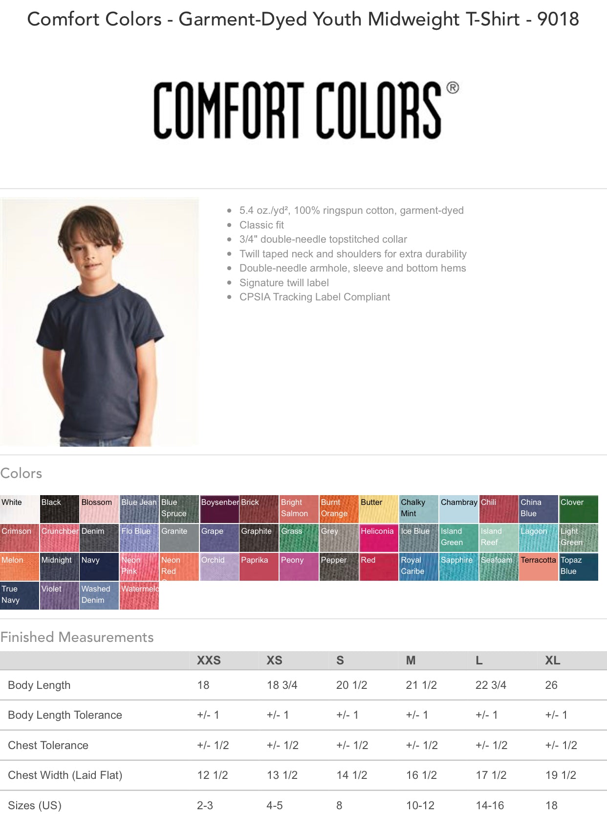 Size and Color Charts - Youth Comfort Colors – Johnnie Sue's